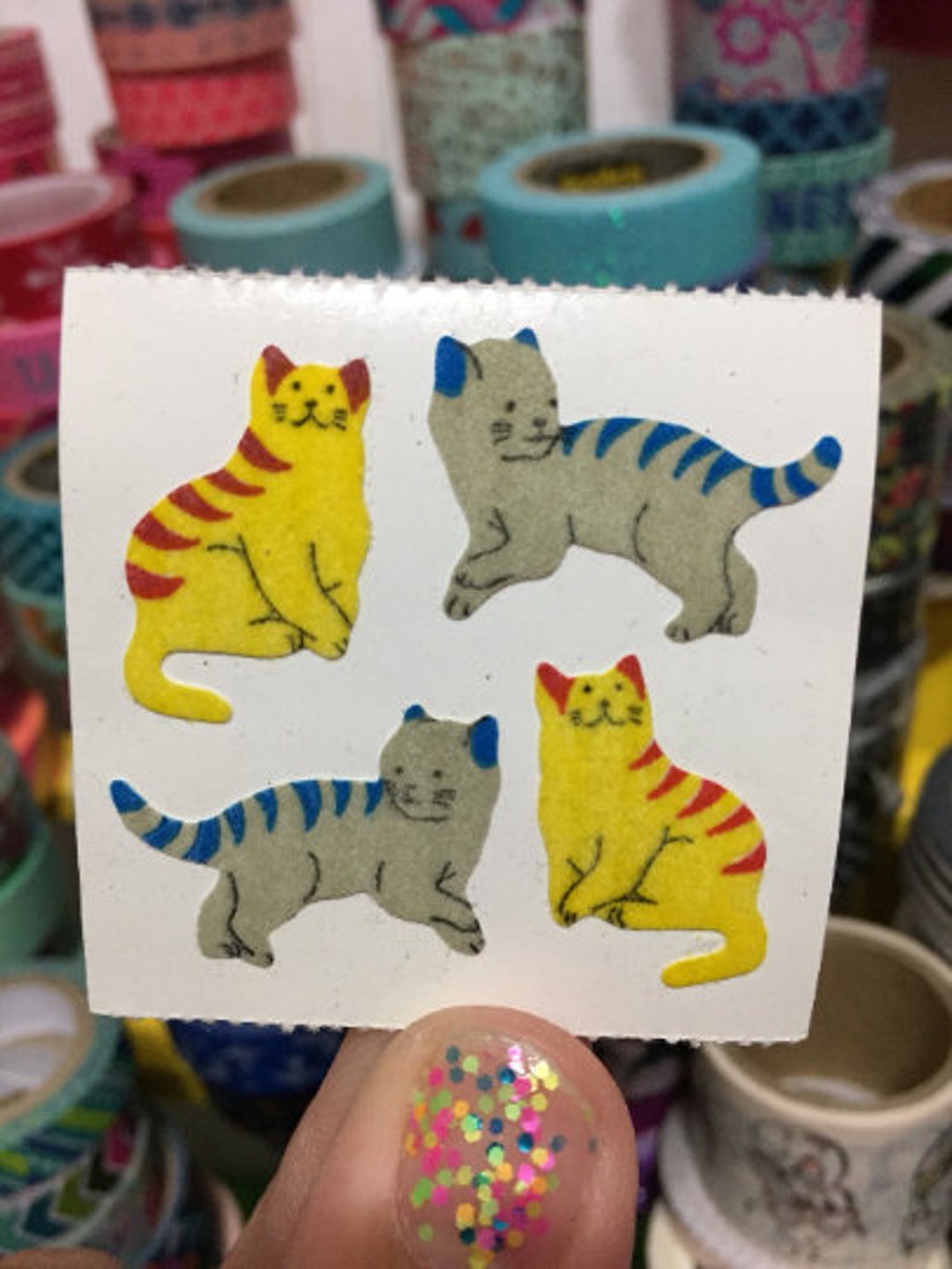 Vintage Great 7 Fuzzy Flocked Stickers Striped Tabby Cat Kitten Kitty ...