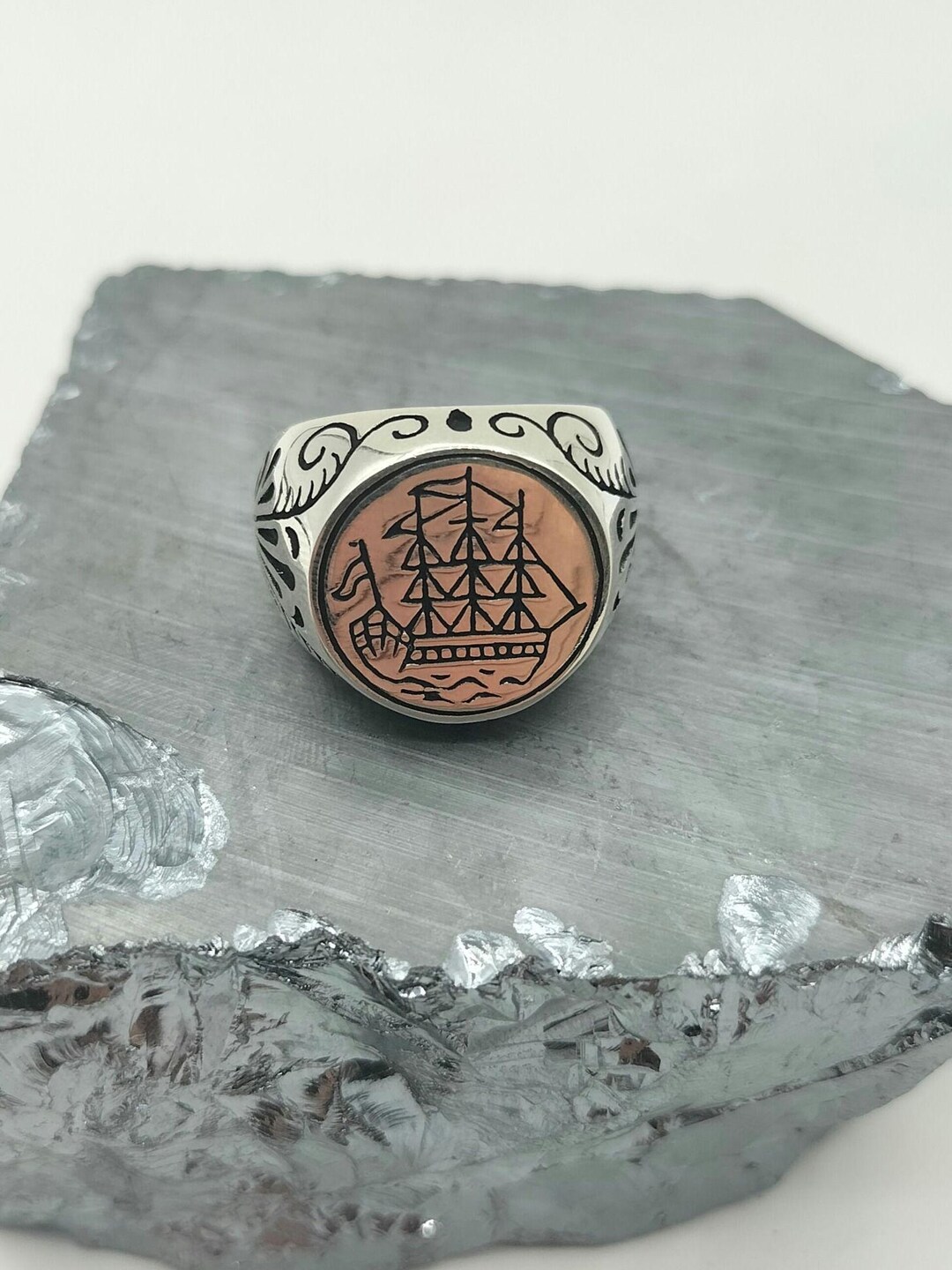 925 Sterling Silver Sailing Ship Ring, Handmade Men's Silver Ring ...