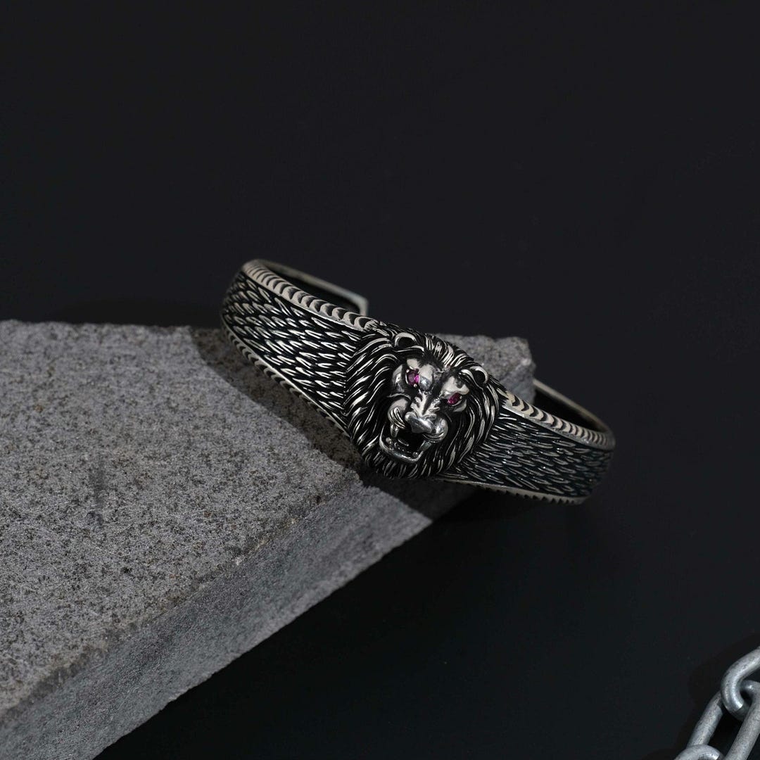 Handmade Men's Lion Head Silver Bracelet,925 Sterling Silver Adjustable ...