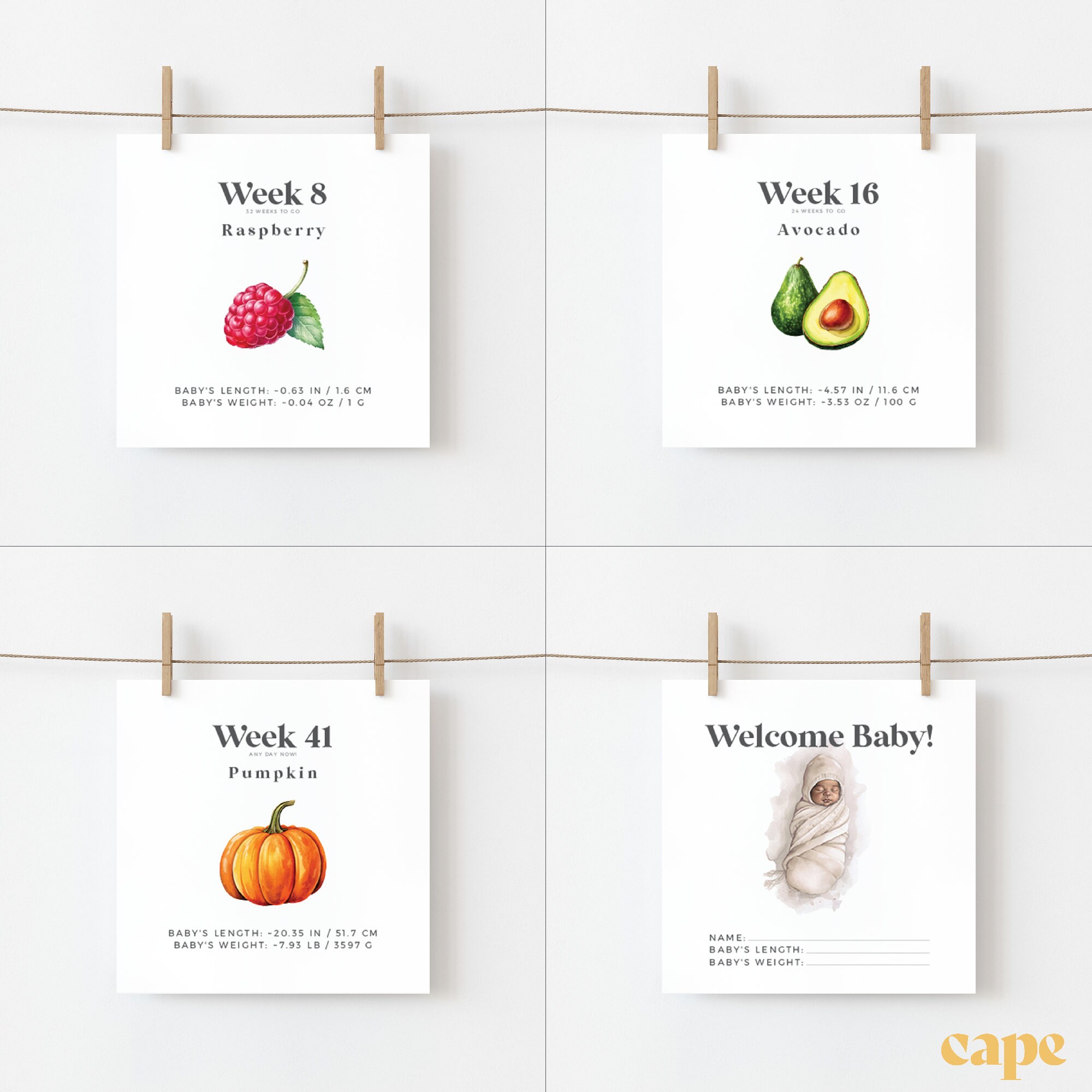44 Printable Pregnancy Milestone Cards, Baby Size Week by Week Fruit ...