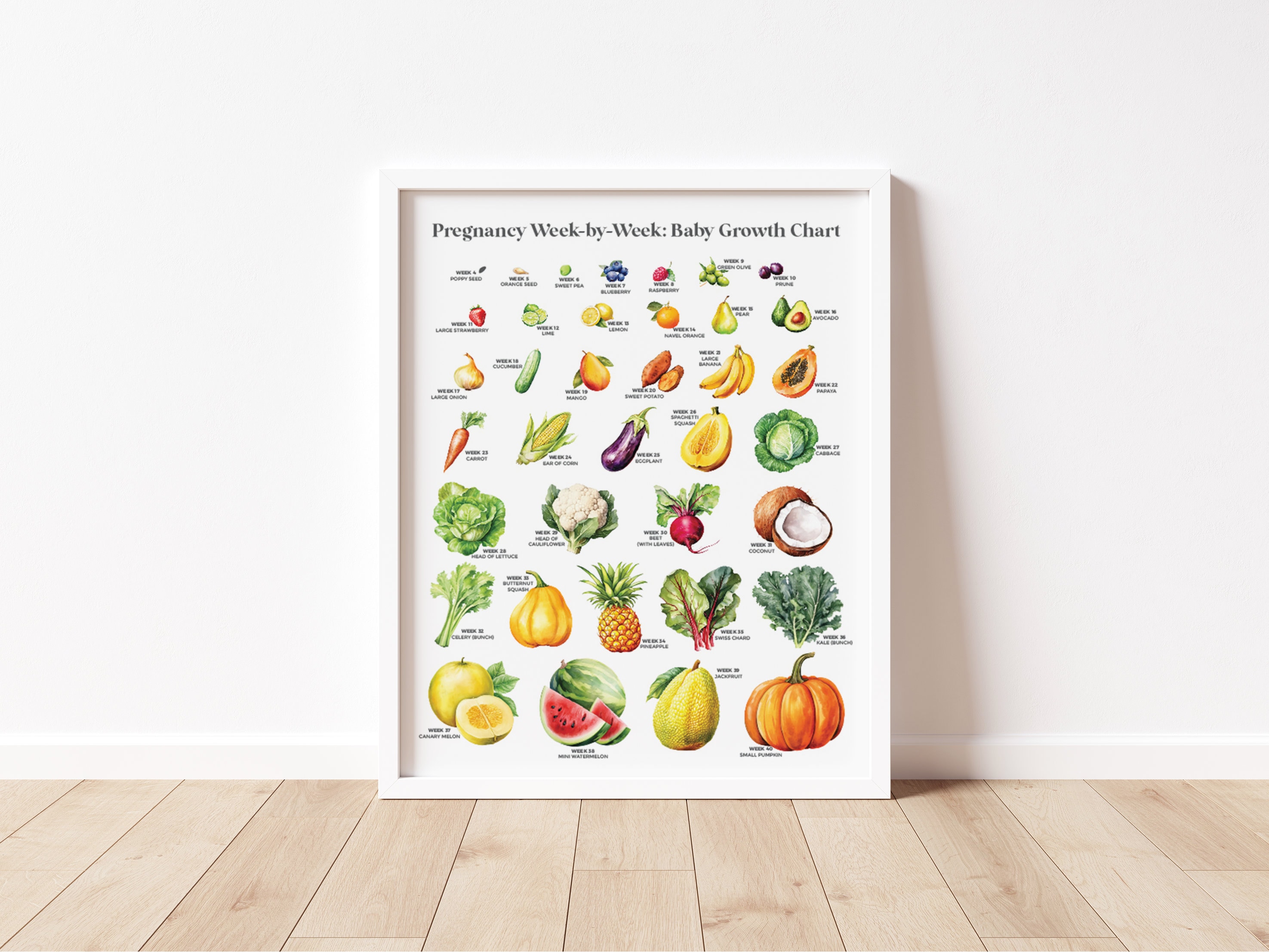 Printable Pregnancy Growth Chart Weeks 4-40, Baby Size Week by Week ...