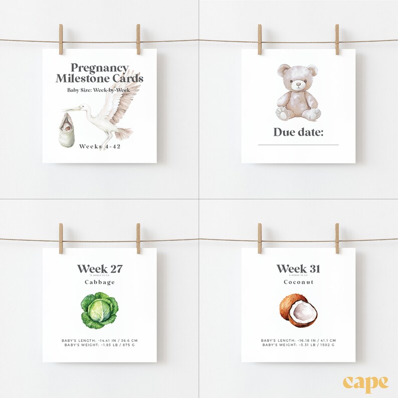44 Printable Pregnancy Milestone Cards, Baby Size Week by Week Fruit ...