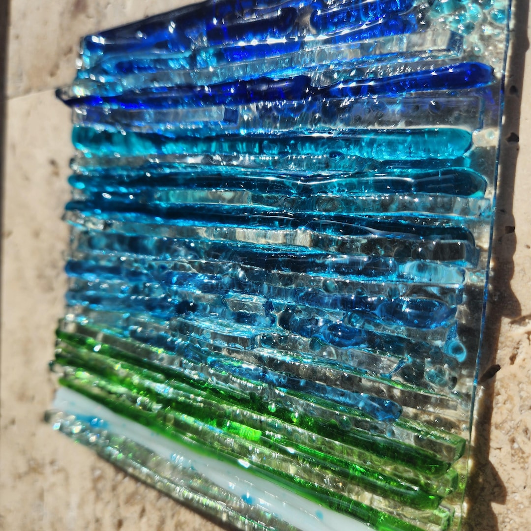 Textured Fused Glass Ocean Waves Suncatcher, Modern Coastal Wall Art ...