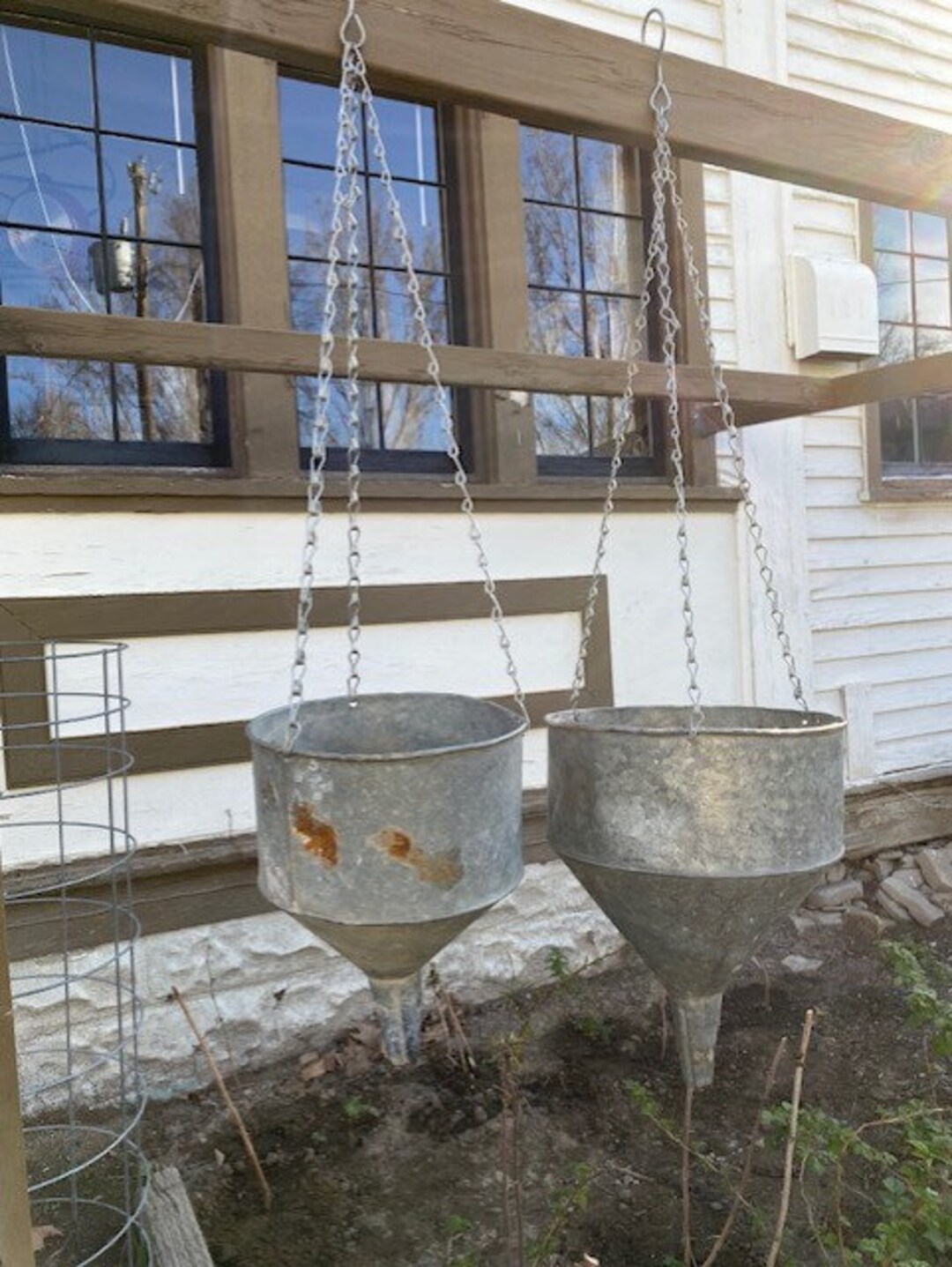 2 Vintage Galvanized Hanging Funnel Planters W/chains - Etsy