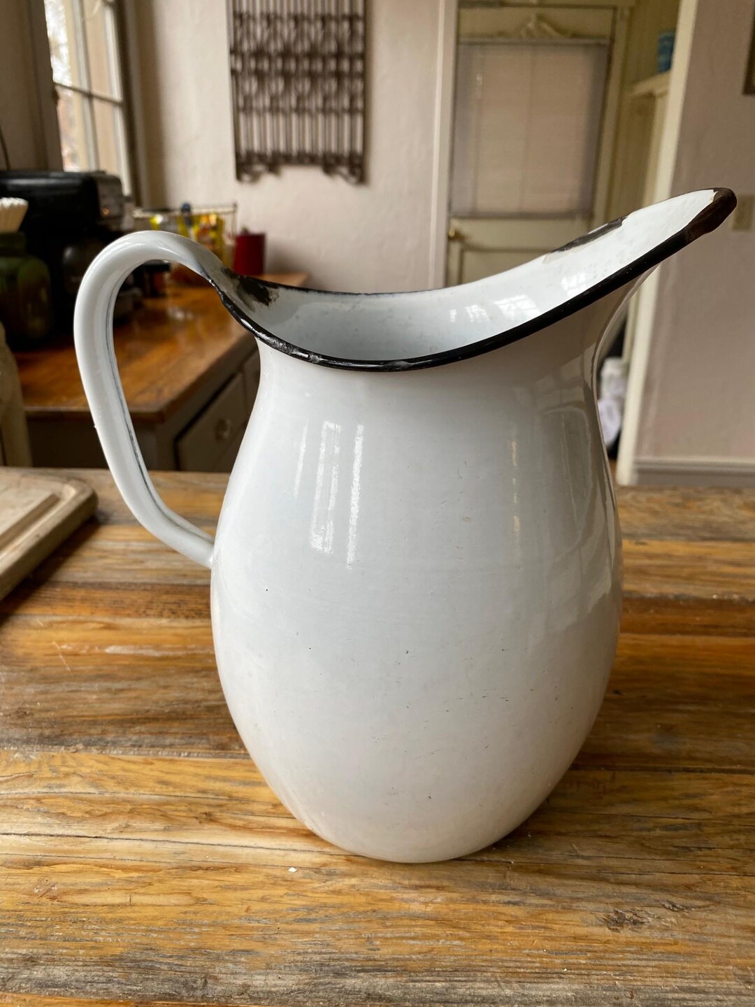 Large Vintage White Enamelware Pitcher - Etsy