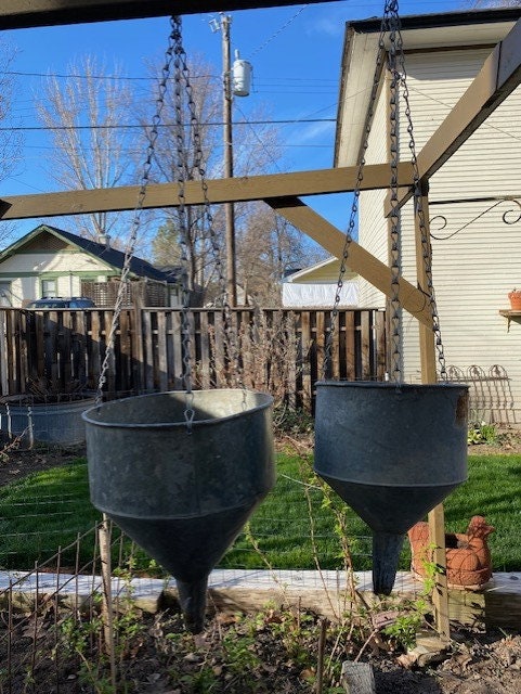 2 Vintage Galvanized Hanging Funnel Planters W/chains - Etsy