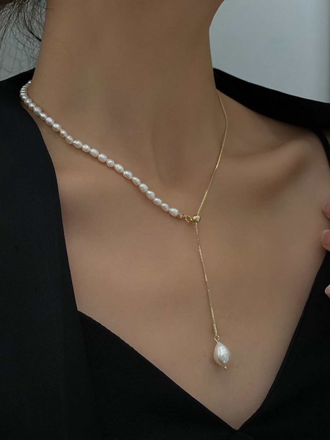 Freshwater Pearl Adjustable Pull Necklace Minimalist Aesthetic Jewelry ...