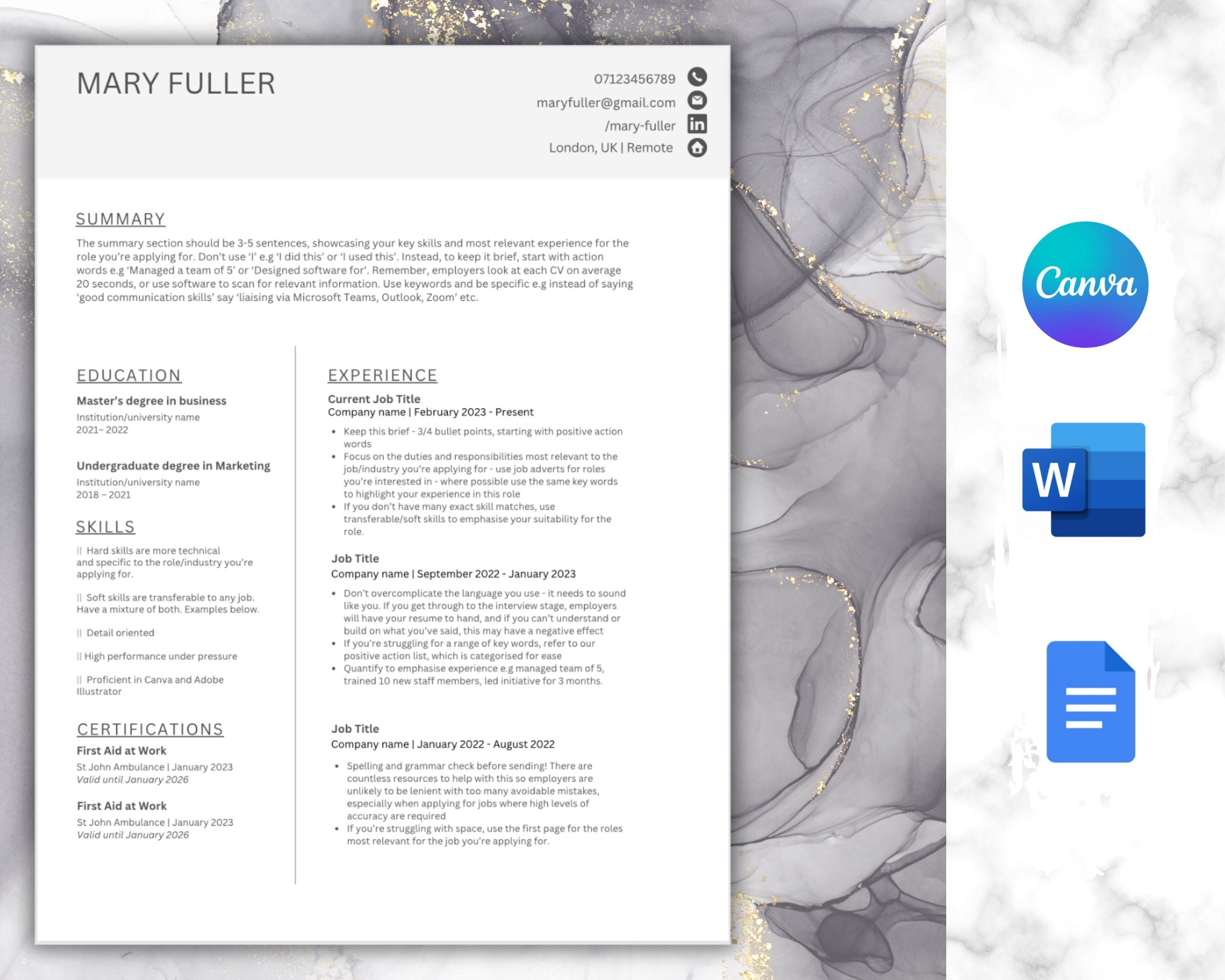 Modèle de CV moderne 2024 Word Canva compatible avec Google Docs ...