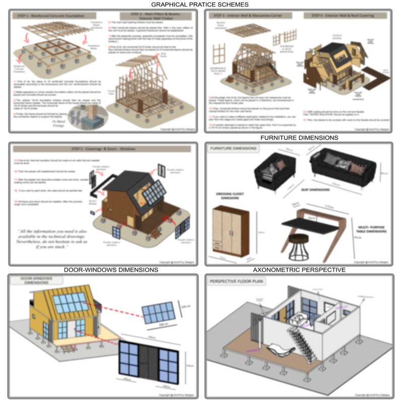 Modern Cabin Tiny House Plans 16x16, Cottage House Plans , Small Tiny Home Architectural Plans ...