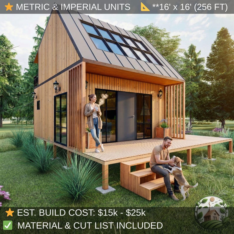 16x16 Tiny House Plan | Modern Cabin Blueprints, Guest House ADU (PDF ...