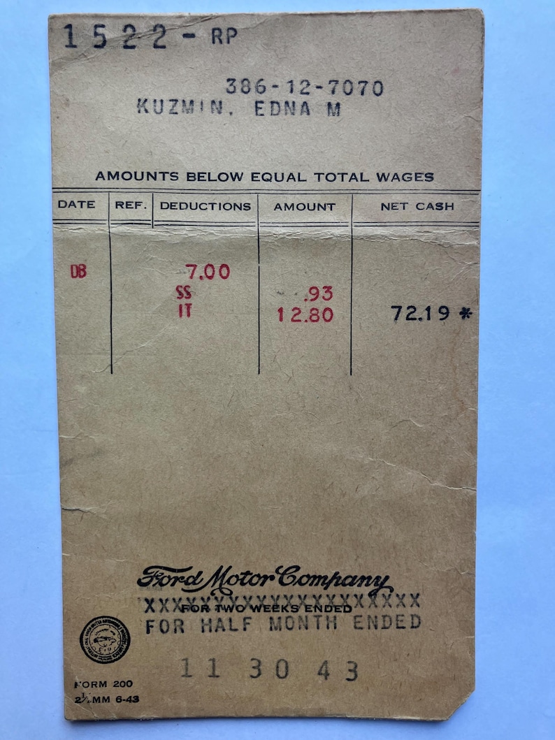 FORD MOTOR WARTIME Paystub - Etsy