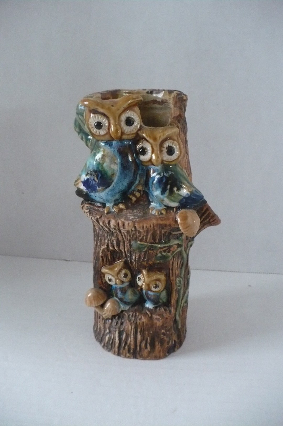 Vintage Majolica Ceramic Tree Trunk Vase W/owls & Mushrooms - Etsy