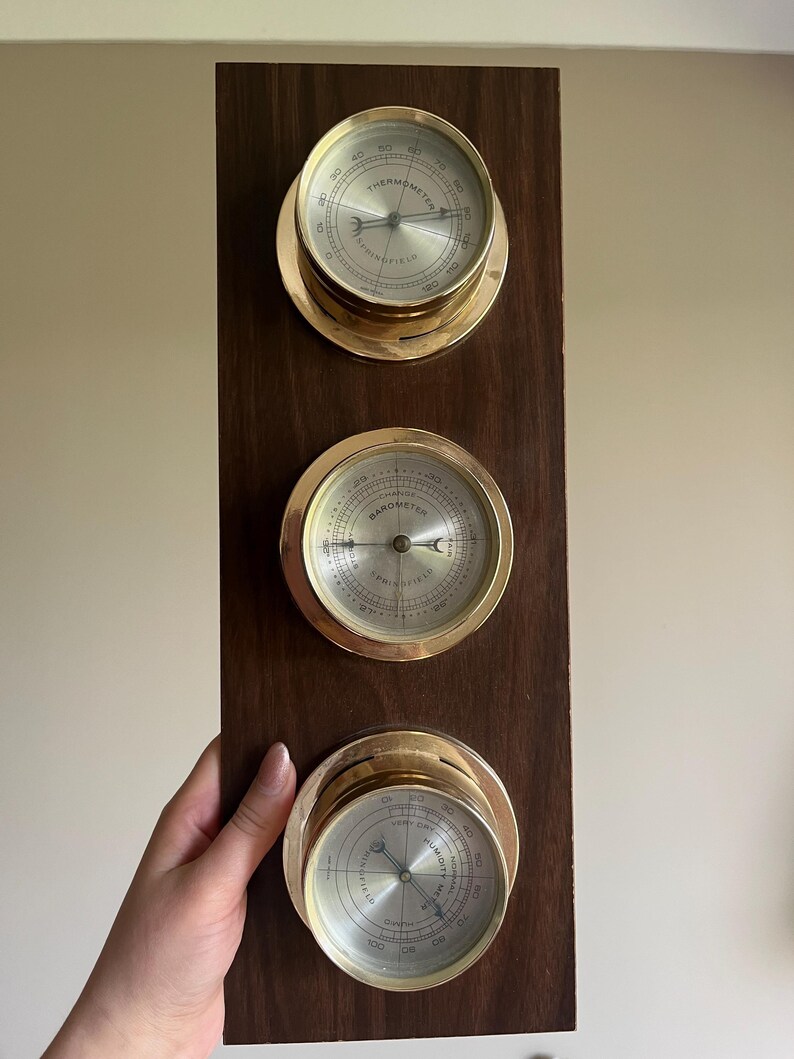 Vintage Springfield Wood Weather Station Thermometer Barometer Humidity ...