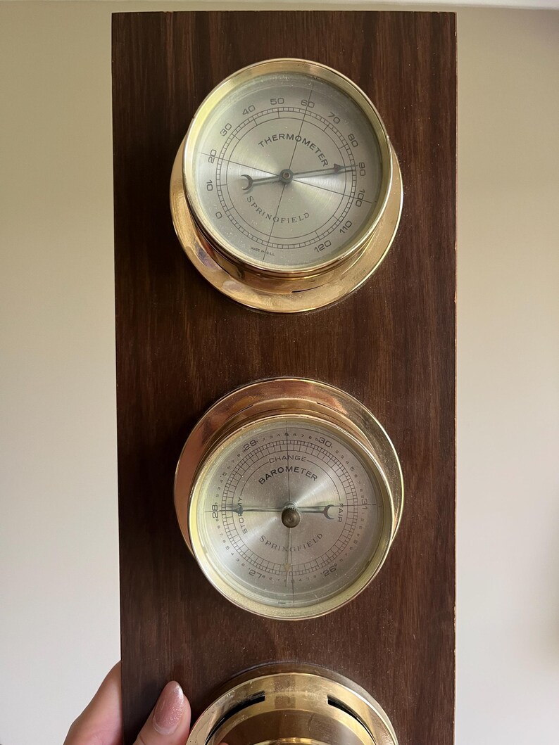 Vintage Springfield Wood Weather Station Thermometer Barometer Humidity ...