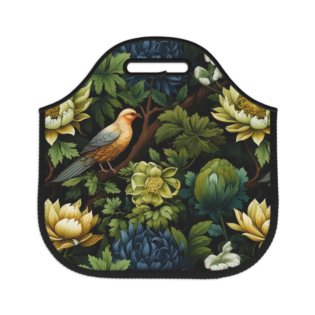 William Morris-inspired Floral & Bird Neoprene Lunch Bag - Insulated ...