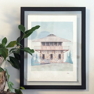 Watercolor Print - Smokey's Lookout Cabin Elevation - Architectural ...