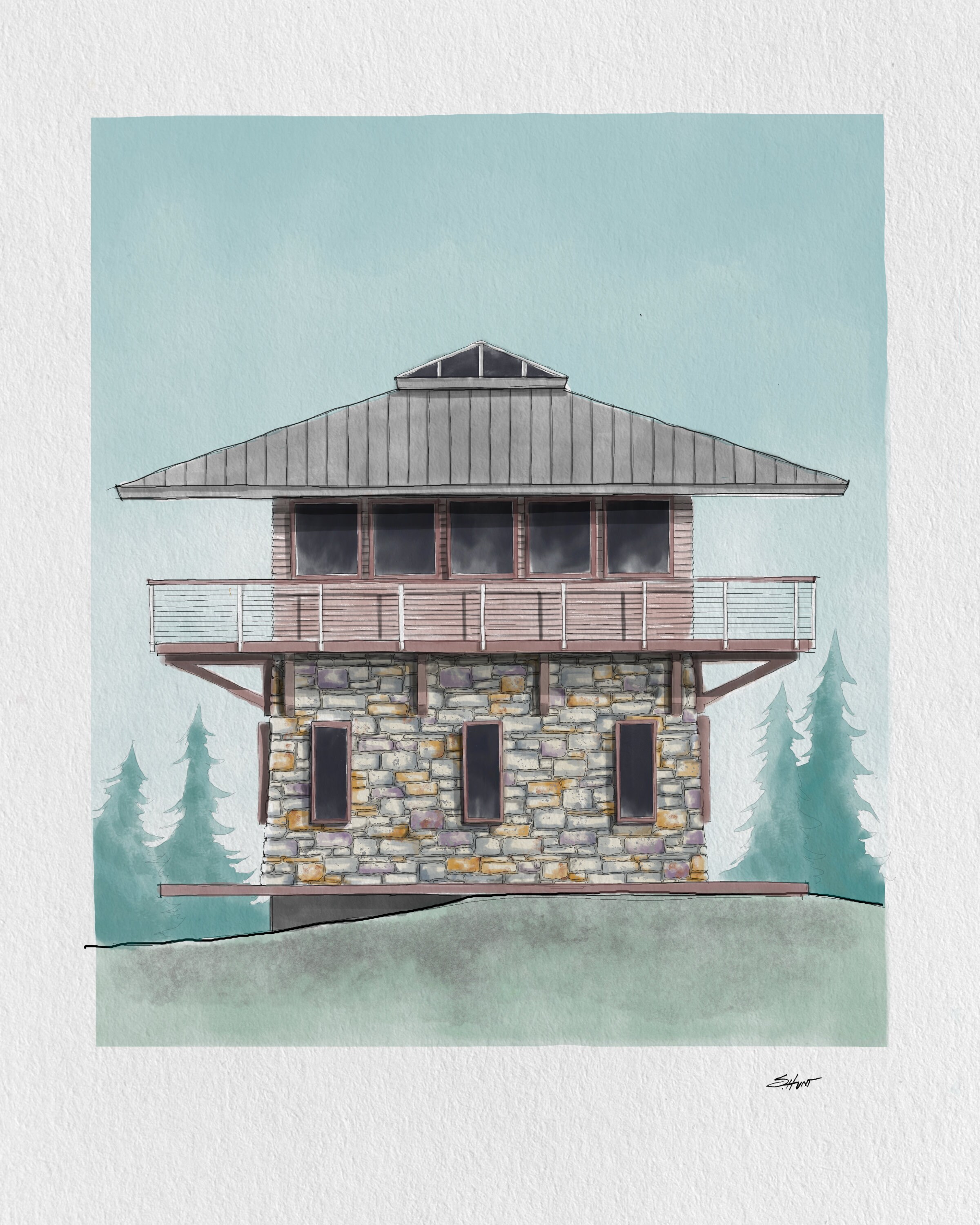 Watercolor Print - Smokey's Lookout Cabin Elevation - Architectural ...