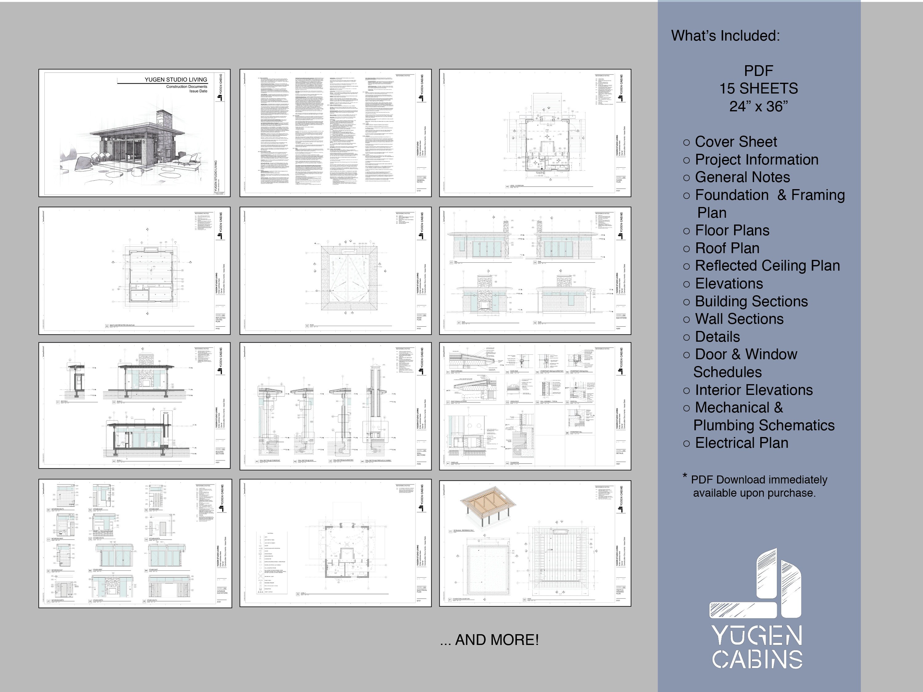 Yugen Studio ADU Cabin Design Drawings: Modern Cottage Blueprint 22'x26 ...