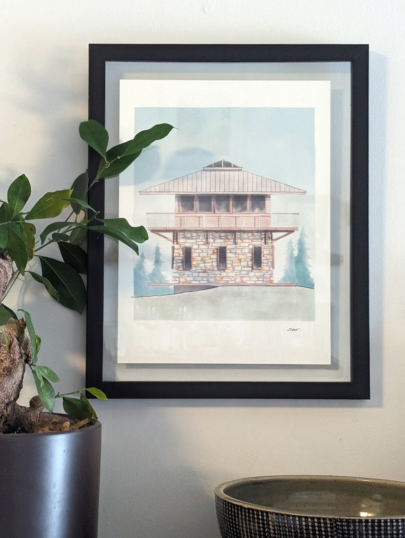 Watercolor Print - Smokey's Lookout Cabin Elevation - Architectural ...