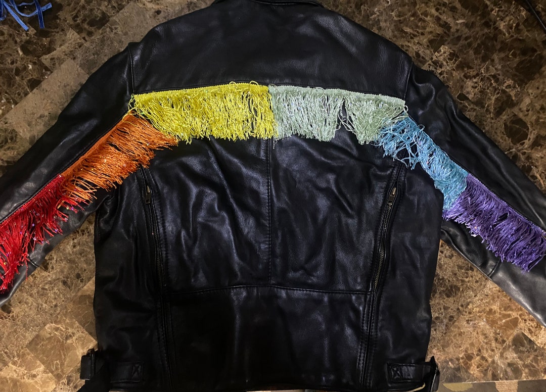 LQBTQ Pride Leather Sequin Fringe Motorcycle Jacket: Labeled Women's XL ...