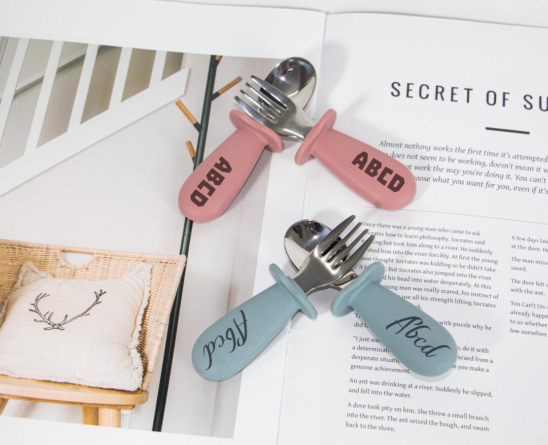 Engraved Baby Spoon & Fork Set Custom Wooden Silicone Weaning Cutlery ...