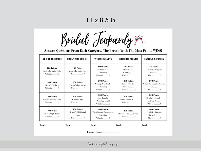 Bridal Feud Game | Bridal Shower Jeopardy Game | Bridal Jeopardy ...