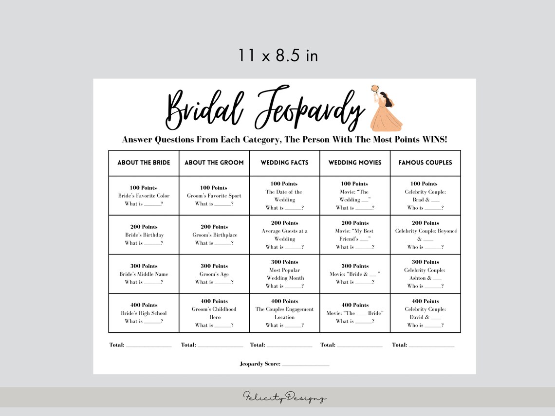 Bridal Feud Game Bridal Shower Jeopardy Game Bridal Jeopardy Wedding ...