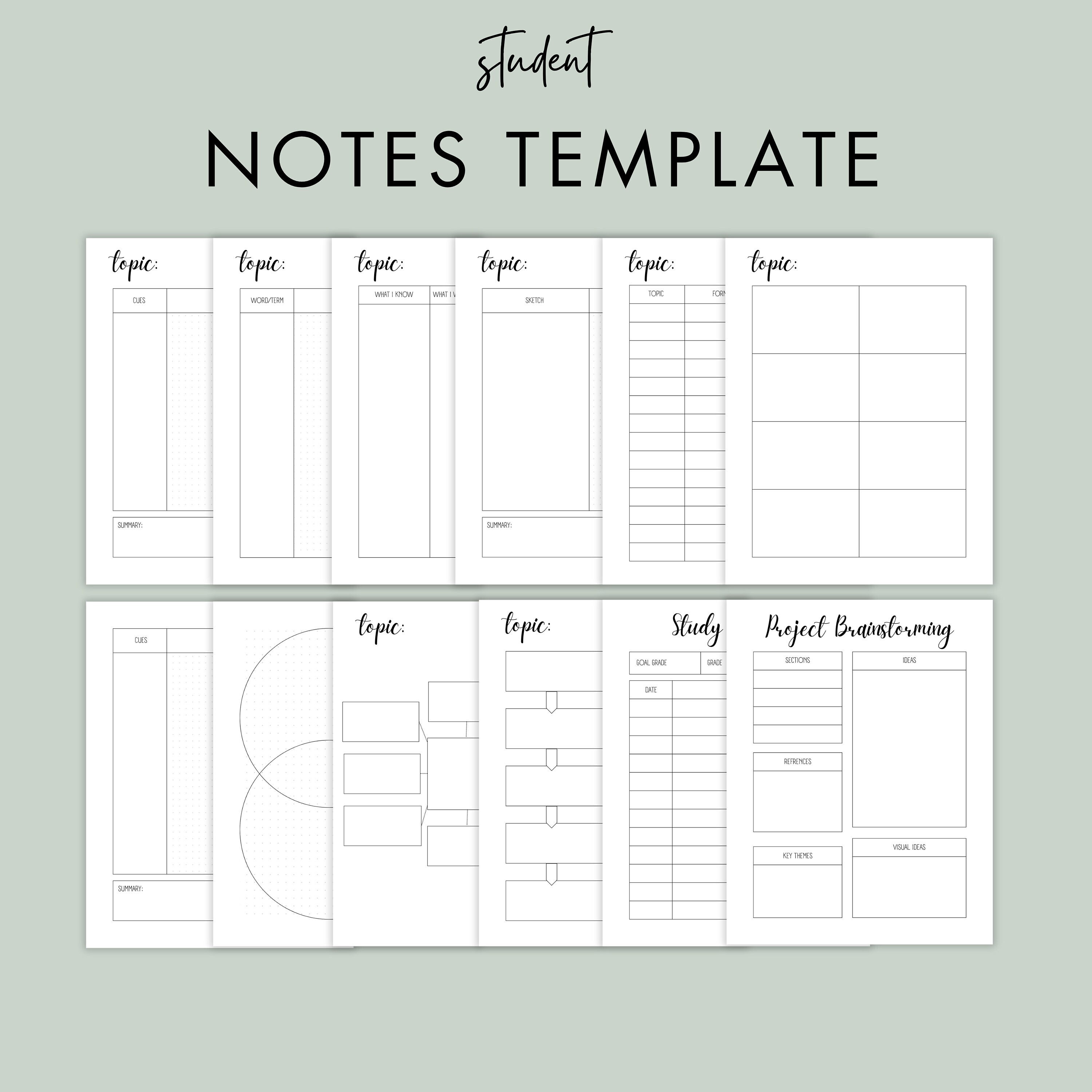 Student Notes Template Pack Minimal Digital Download Printable PDF ...