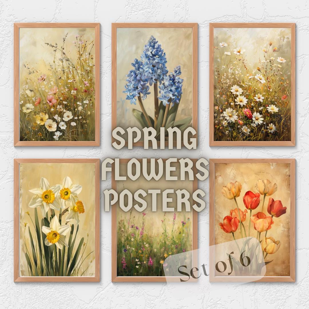 Vintage Rustic Spring Poster Set of 6, Retro Spring Flowers Poster ...