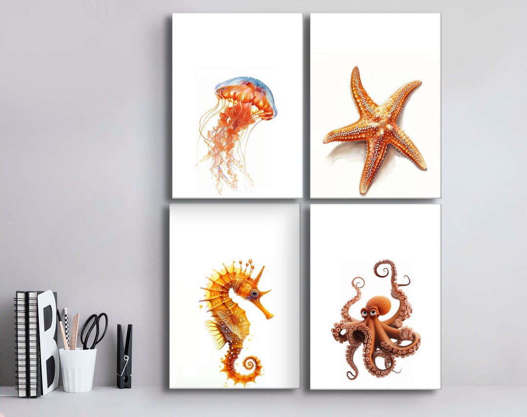 Ocean Animals, Digital Art Set of 4 - Starfish, Seahorse, Octopus ...
