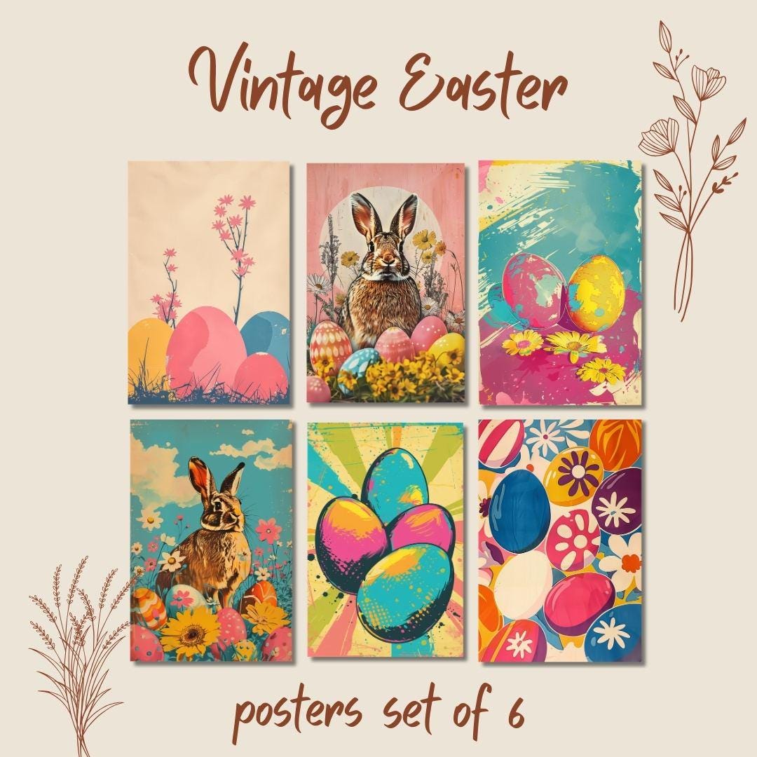 Vintage Easter Poster Set of 6, Digital Easter Images Printing, Easter ...