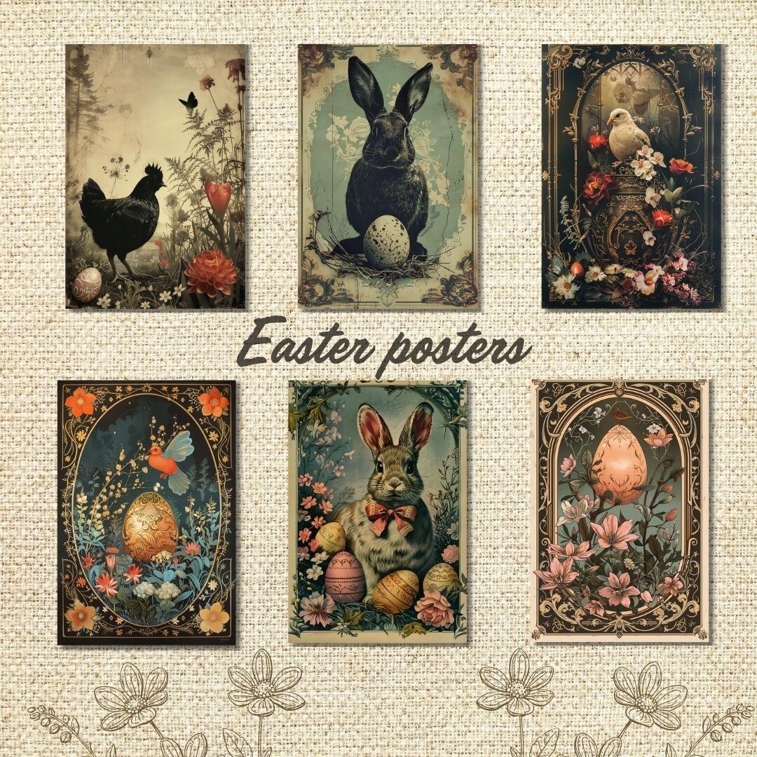 Vintage Easter Poster Set of 6, Dark Easter Spring Posters, Easter Wall ...