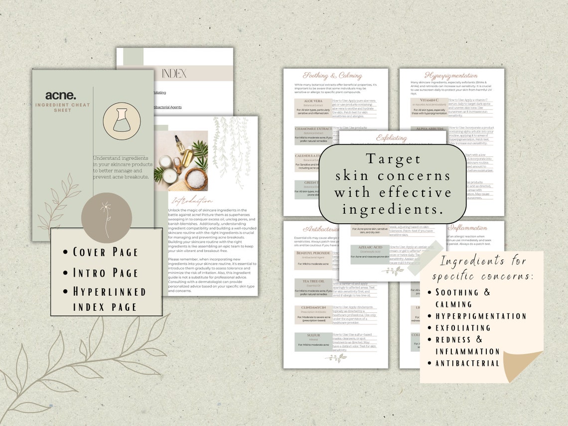 Skincare Ingredient Cheat Sheet for Acne, Printable and Digital PDF in ...