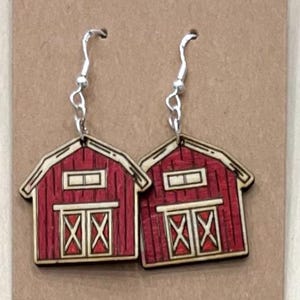 Lightweight Wood Barn and Cow Earrings - Etsy