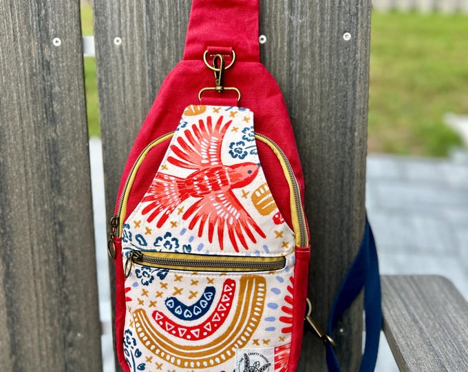 Red Waxed Canvas Sling Bag Nature Inspired Sling Backpack Red and Blue ...
