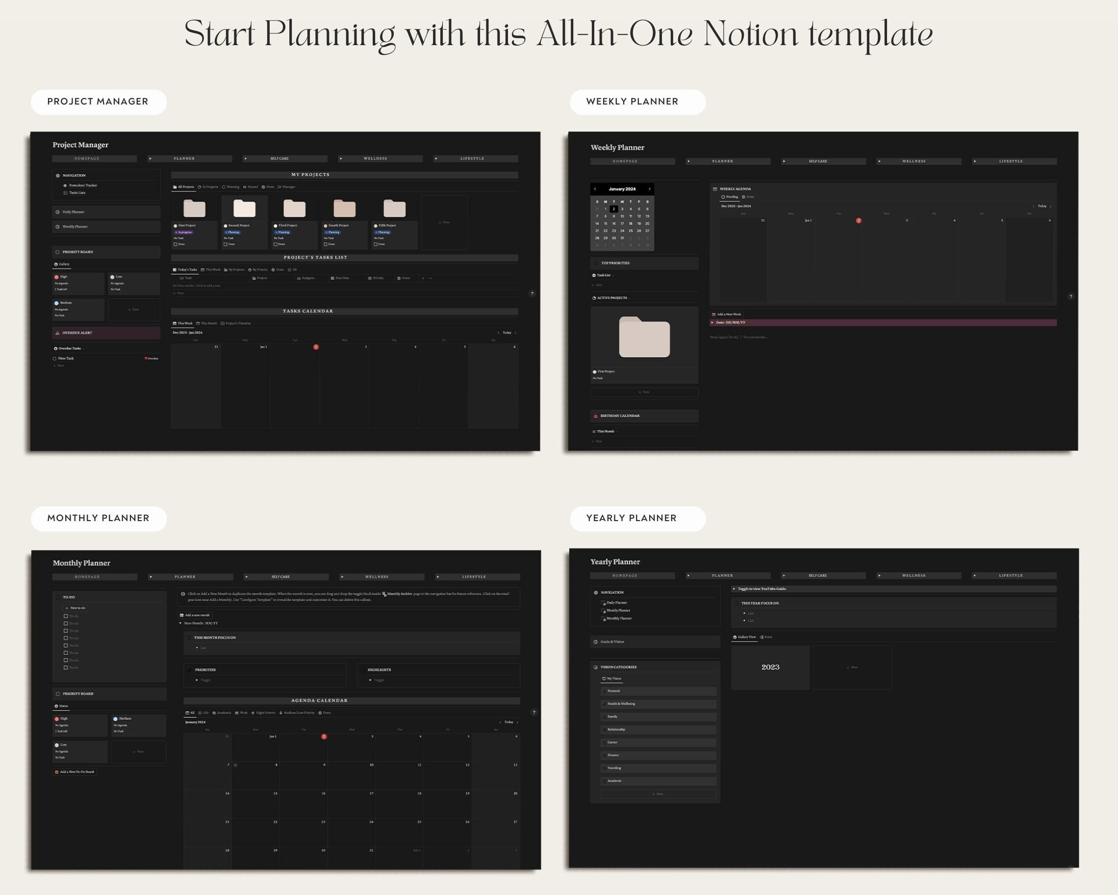 All in One Notion Template Aesthetic Notion Planner Dark Mode Notion ...