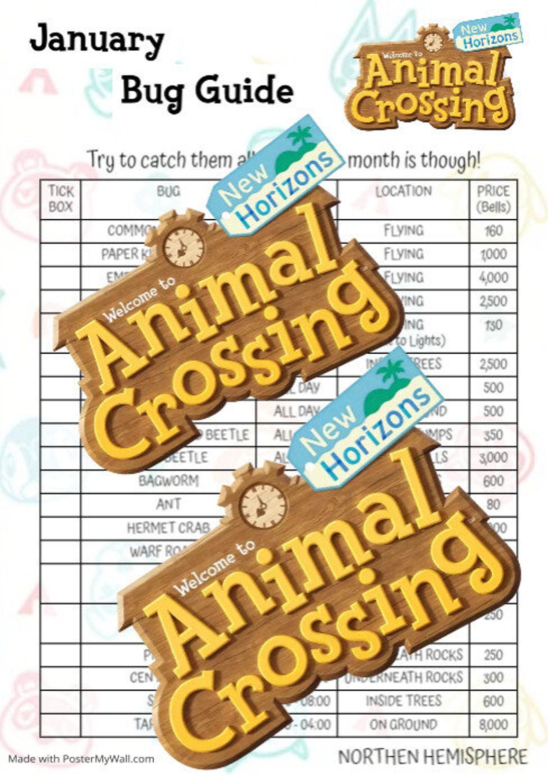 Animal Crossing New Horizons January Bug Guide NORTHERN HEMISPHERE - Etsy
