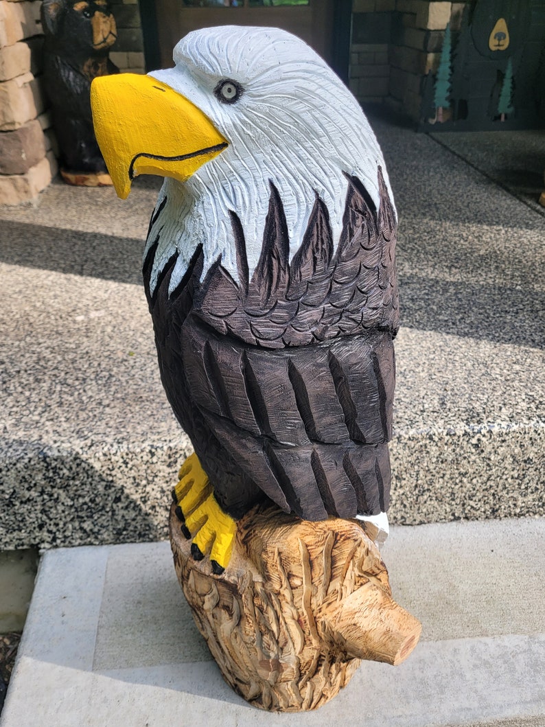 Rare Chainsaw Carved Bald Eagle Sculpture Bird Statue Handmade Wooden ...