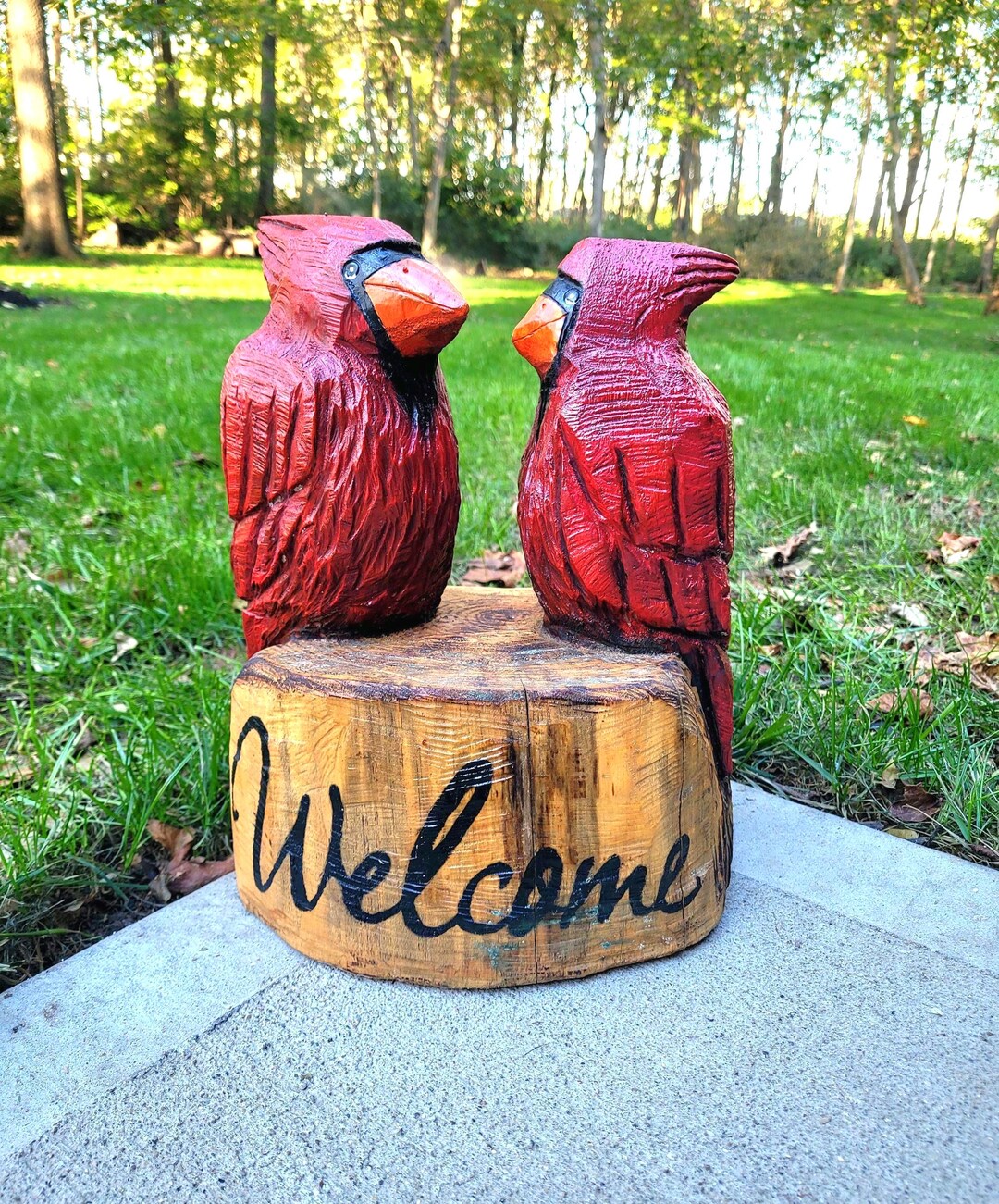 Chainsaw Carved Cardinal Bird Welcome Sculpture, Front Porch Statue ...