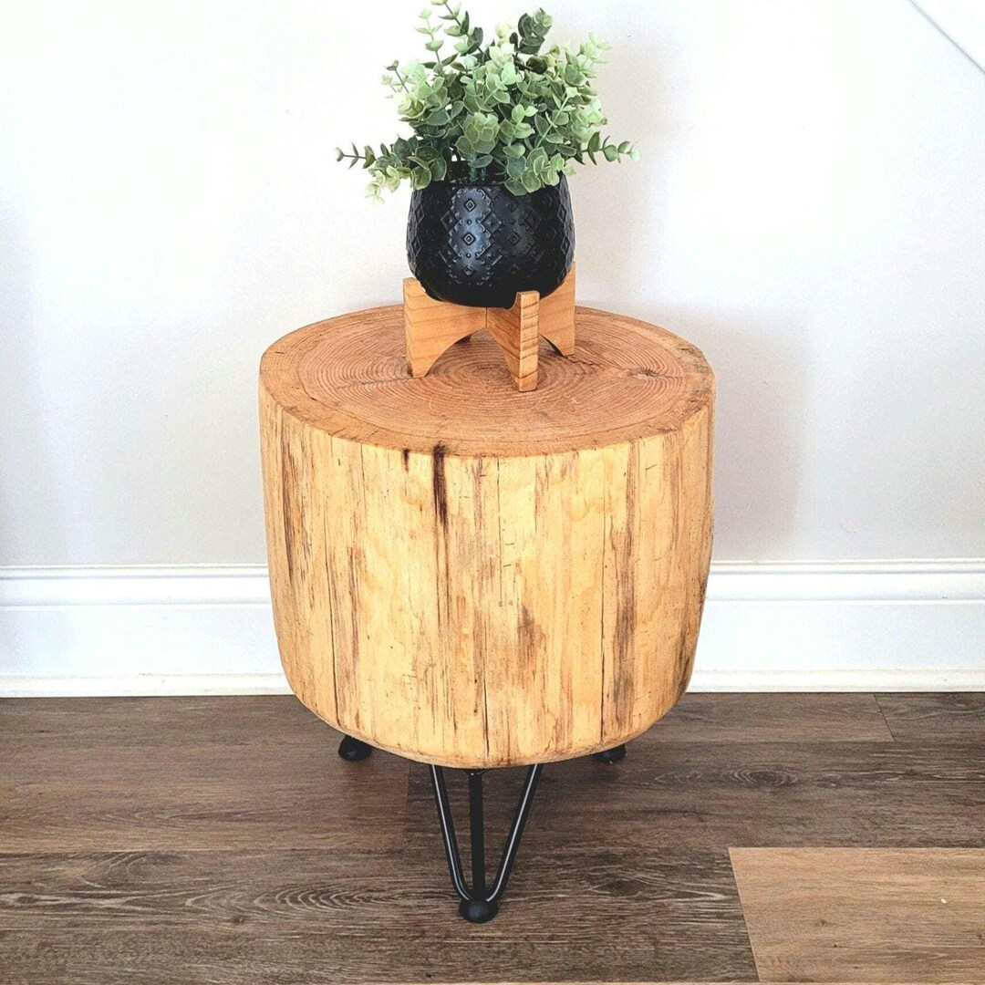 Rustic Live Edge Tree Stump Side Table With Hairpin Legs, Modern Round ...