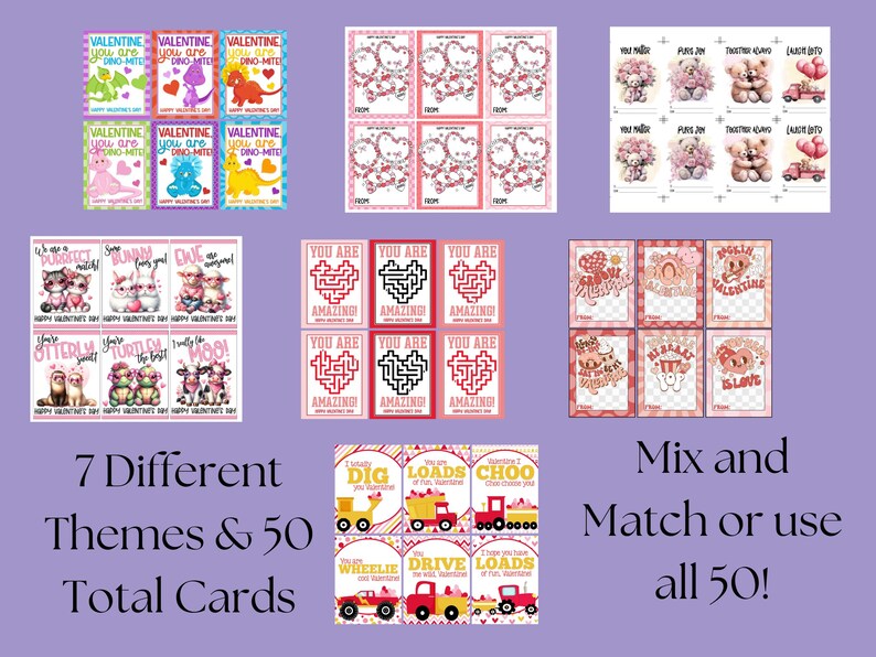 50 Digital Download Classroom Valentine Cards - Printable Kids ...