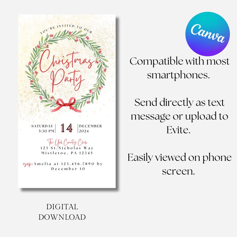 Editable Digital Christmas Holiday Party Invitation, Electronic Phone ...