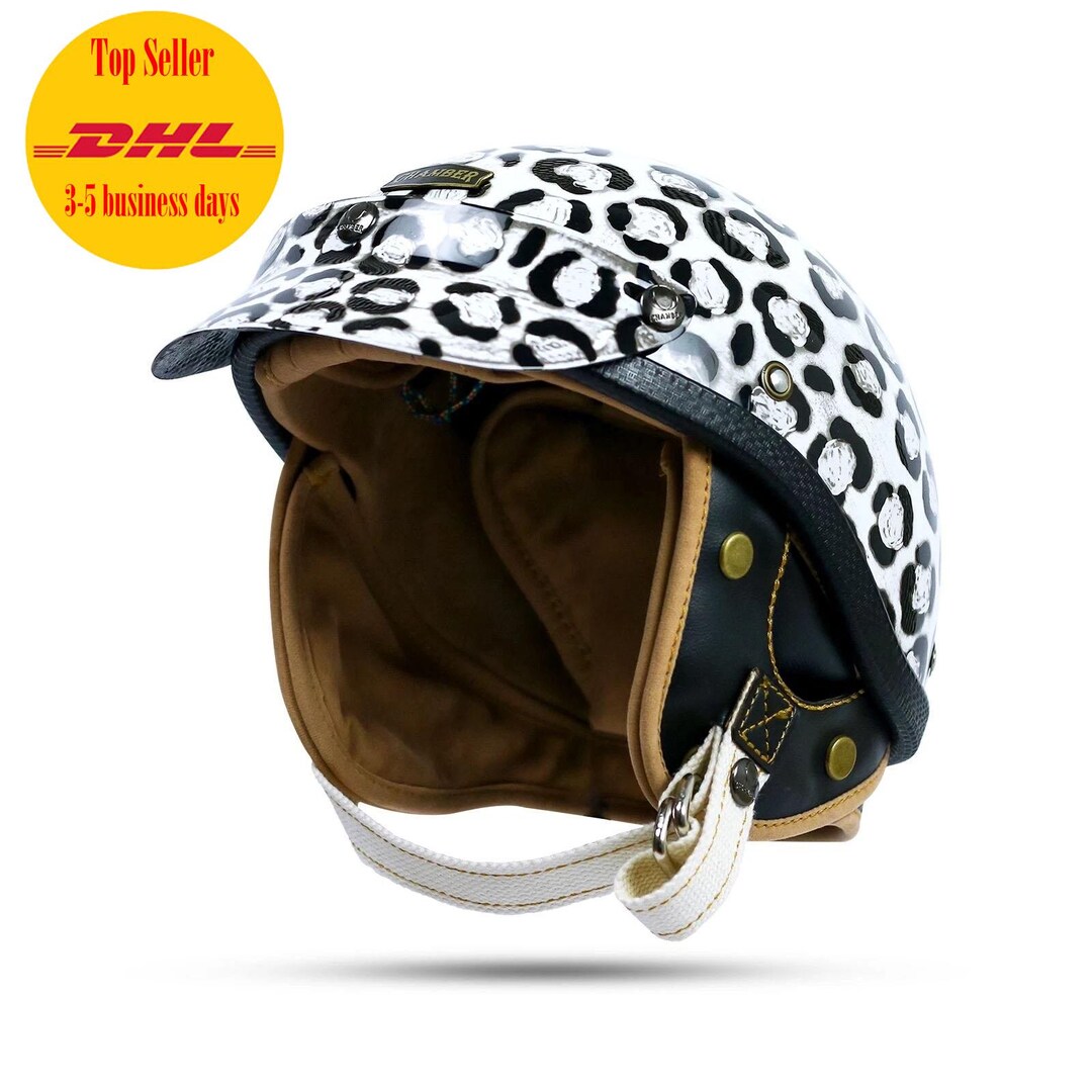 New Vintage Custom Open Face Helmet Eclipse Leopard Suede Cafe Racer ...
