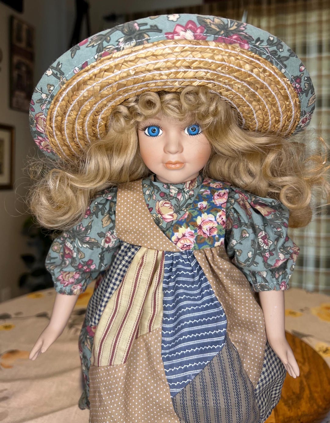 16" Bisque Porcelain Doll – Blonde Curly Hair, Blue Eyes, Straw Hat ...