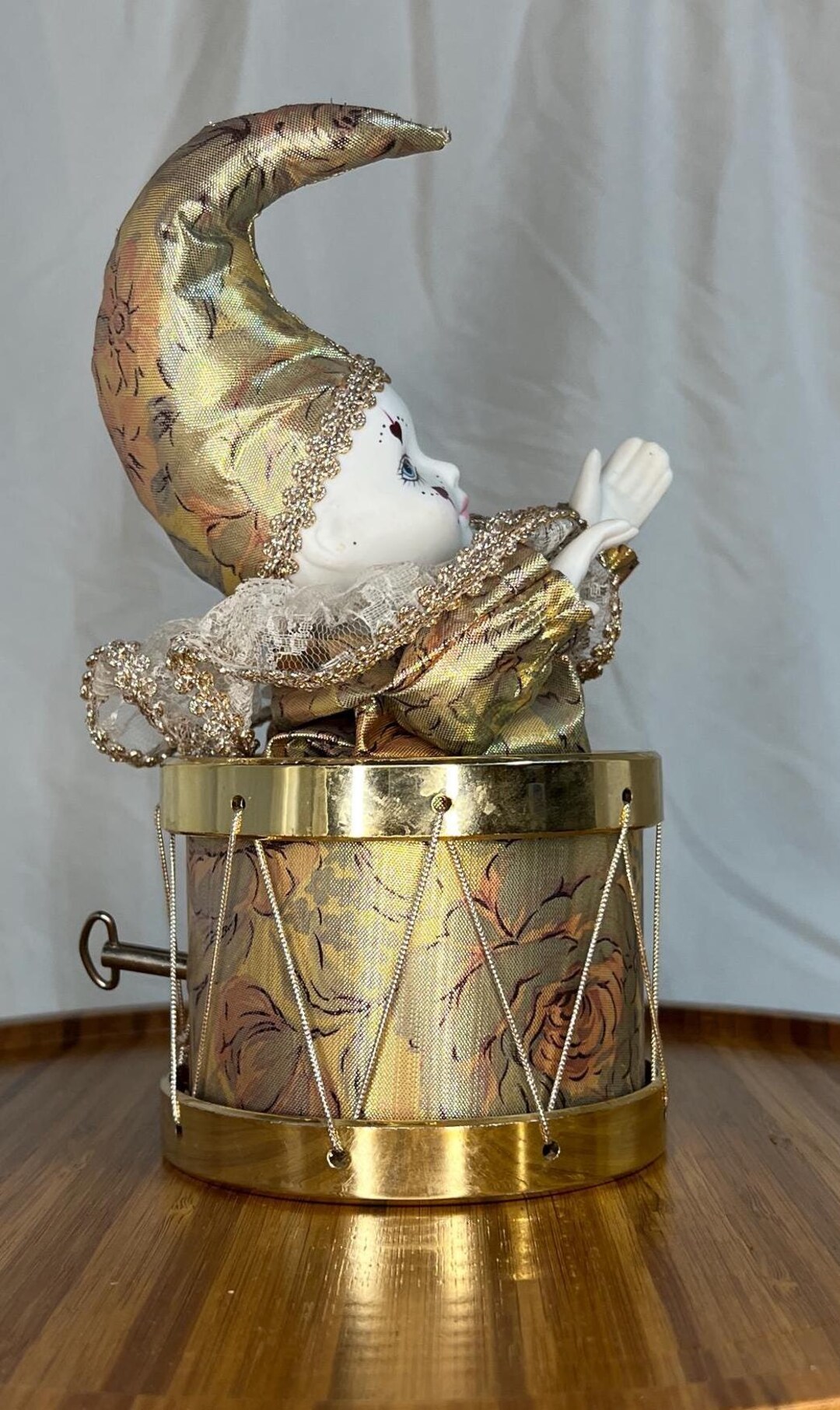 Vintage Animated Jester in a Drum, Porcelain Head and Hands, Music Box ...