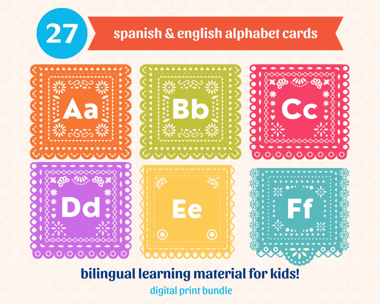 Spanish & English Alphabet Flashcards Bilingual Papel Picado Spanish ...