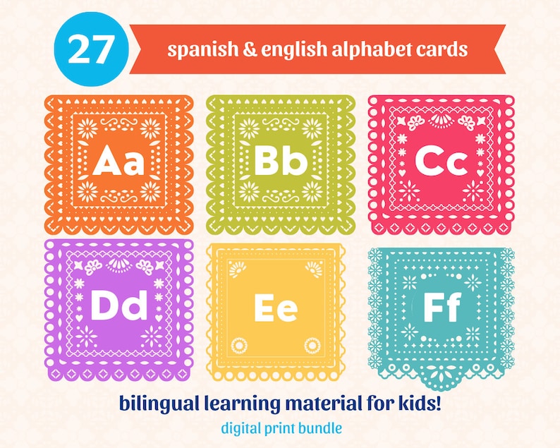 Spanish & English Alphabet Flashcards Bilingual Papel Picado Spanish ...