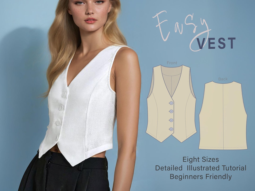 Easy Vest Sewing Pattern | Crop to Pattern | Button up Front Waistcoat ...