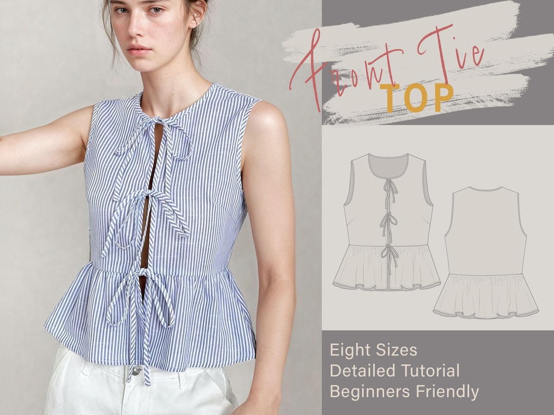 Top Sewing Pattern Ties Front Top With Frilled Hem Open Front Top ...