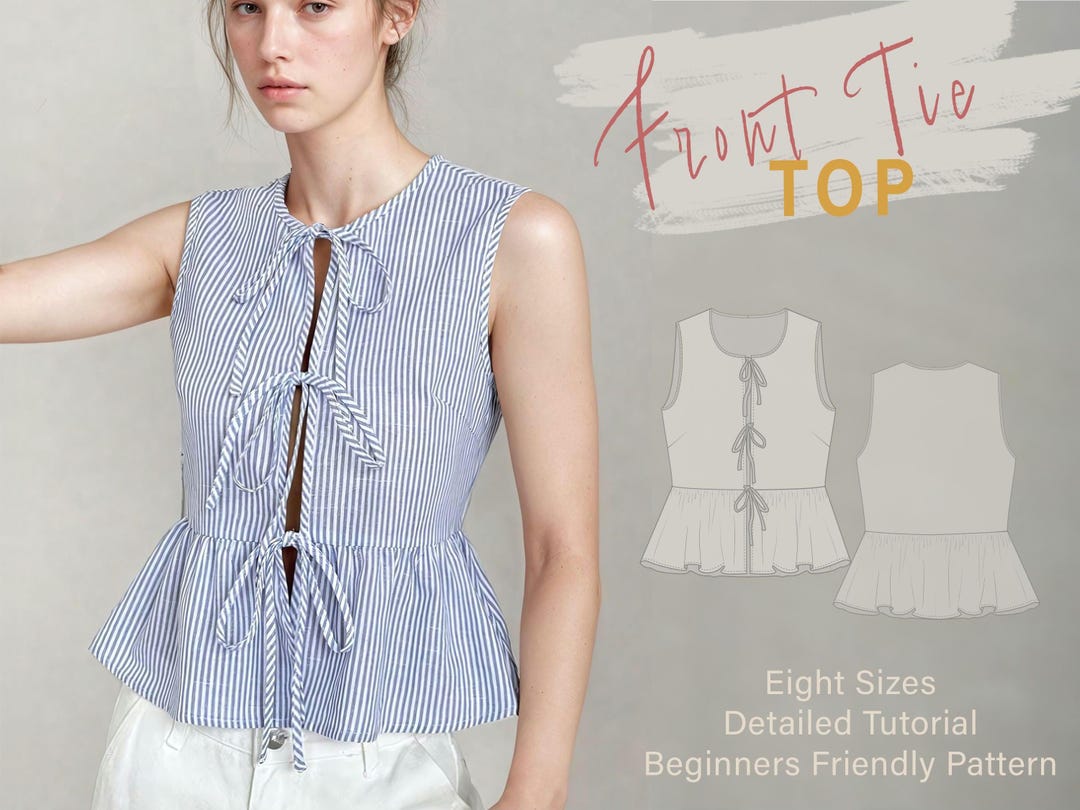 Top Sewing Pattern | Ties Front Top With Frilled Hem | Open Front Top ...